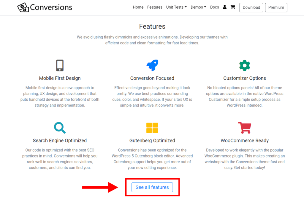 Icon features add see all button – Conversions Theme
